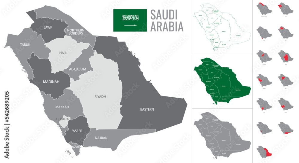 Detailed vector map of regions of Saudi Arabia with flag Stock Vector ...