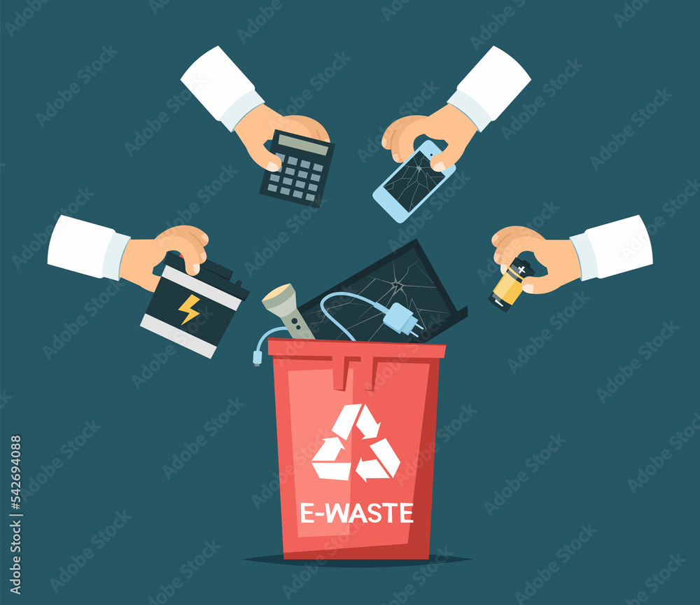 ภาพประกอบ Stock E-waste trash bin with hands holding trash. Cartoon ...
