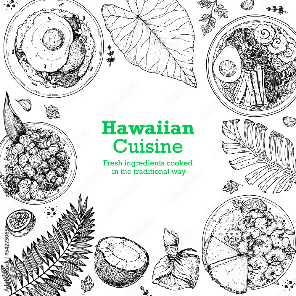 Hawaiian food top view vector illustration. Food menu design template ...