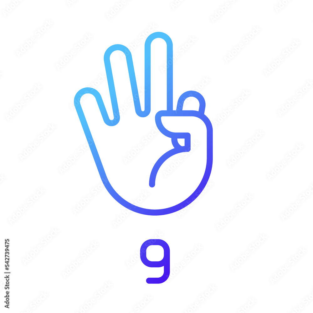 Signing digit nine in ASL pixel perfect gradient linear vector icon ...