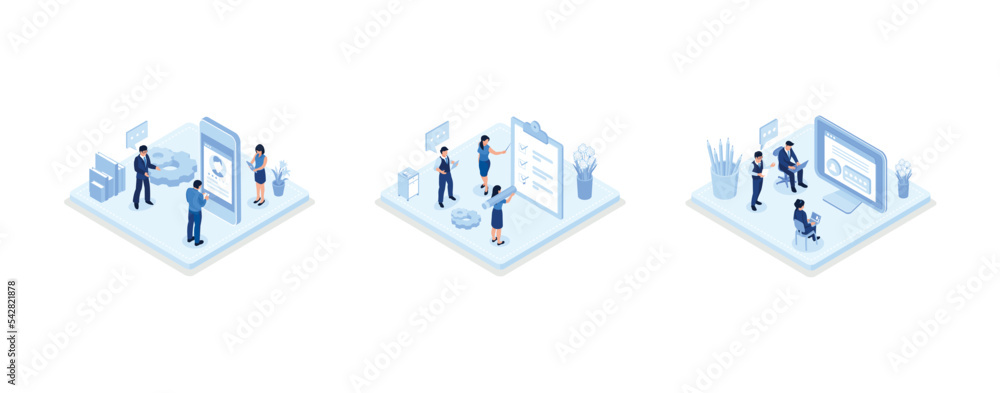 Stock-Vektorgrafik „Various Online Survey and Rating Icons. Characters Filling Survey Form ...