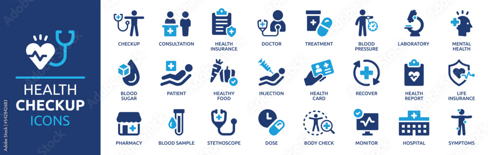 Health checkup icon set. Medical care service symbol collection. Vector ...