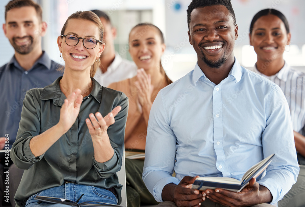 Business people, smile and applause for workshop training, conference ...