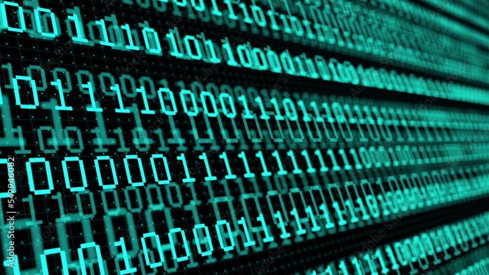 Texture composed by a sequence of zero and one number. Blue numbers on a black background ...