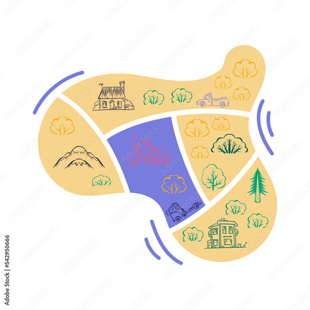 Cartoon doodle town funny map with tiny houses, cars and trees Vector ...