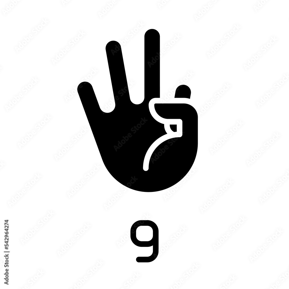 Signing digit nine in ASL black glyph icon. Non verbal language system ...