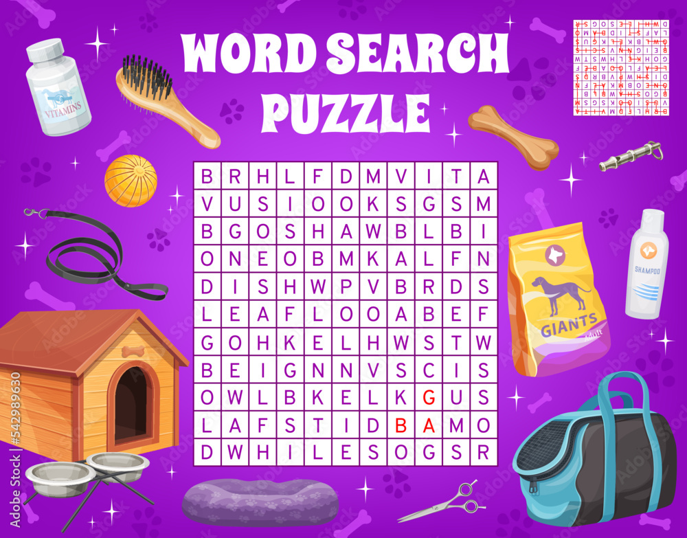 Dog and puppy pet care accessories on word search puzzle game worksheet ...