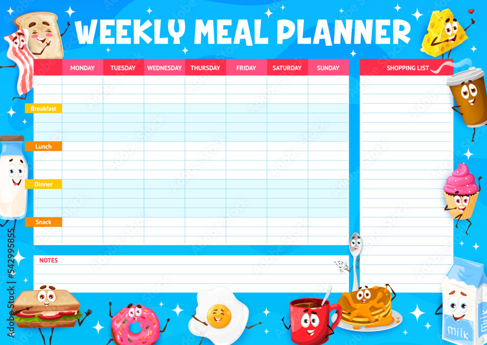 Weekly meal planner, breakfast and dairy cartoon characters, vector food plan schedule. Eating ...