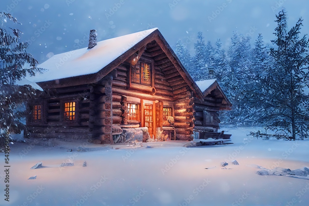3D rendered winter snow scene cold and serene new for winter 2023. Log cabin in the woods with ...