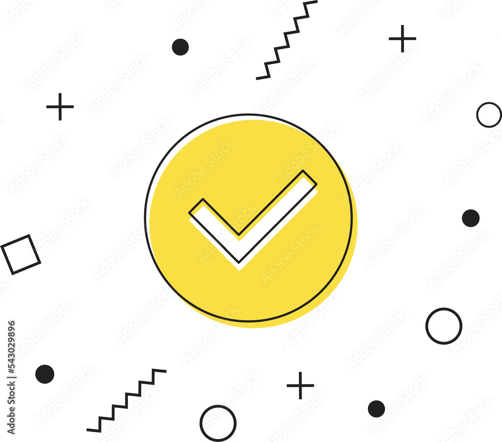 Check mark icon. Yellow check mark icon in a circle with geometric ...