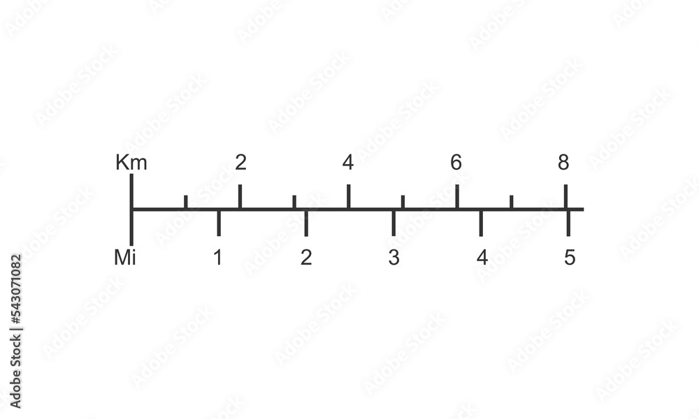 Linear map scale with kilometers and miles ratio. Distance measurement ...