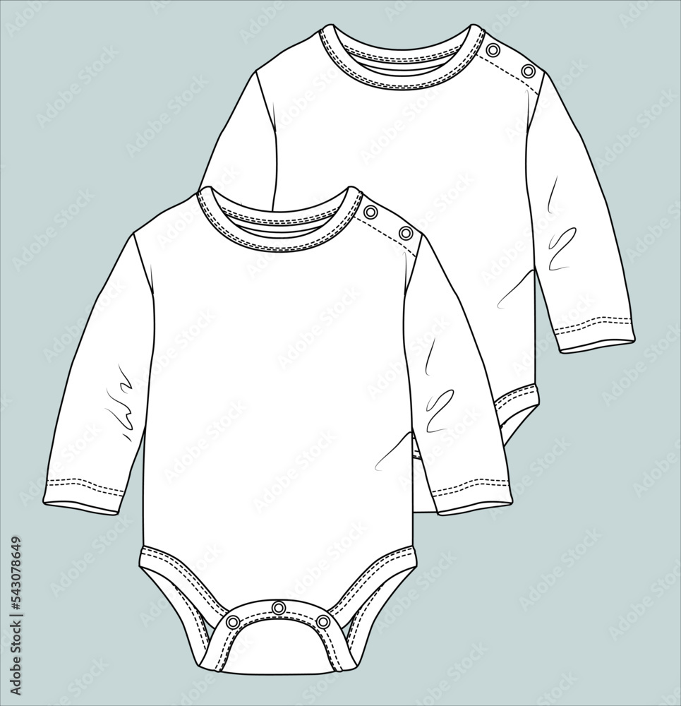 Baby Bodysuit flat sketch, Baby Long Sleeve Bodysuit vector ...