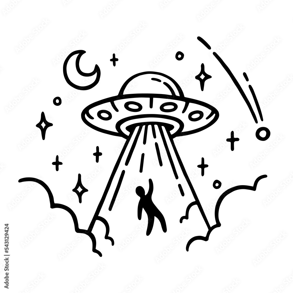 UFO alien abduction tattoo design. Flying saucer doodle drawing ...