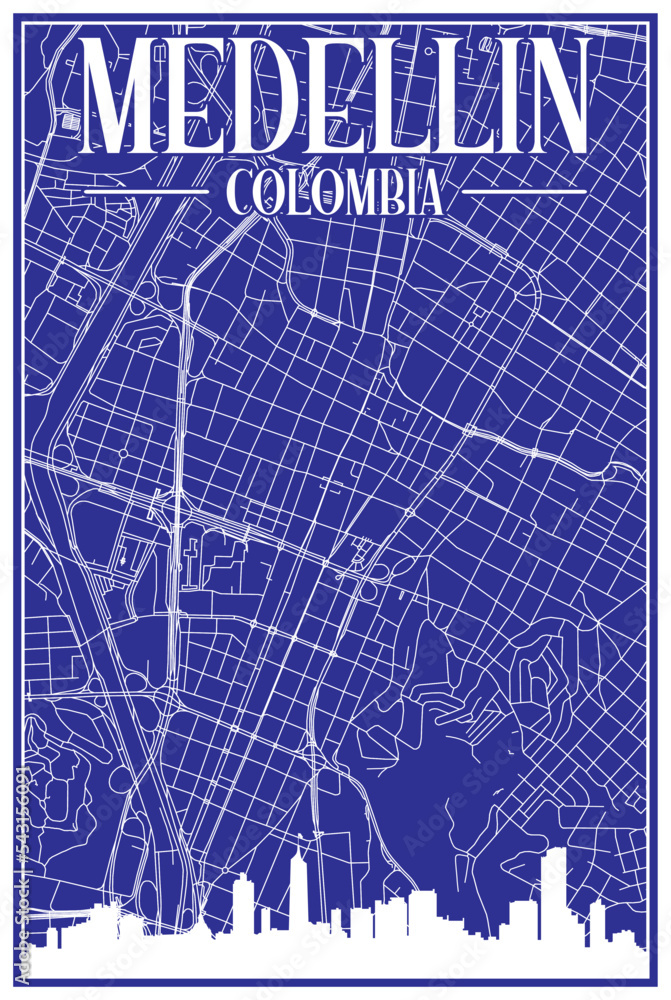 Vector de Stock Blue vintage hand-drawn printout streets network map of ...