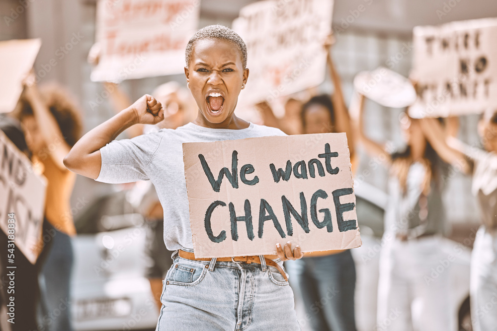 Woman, angry protest and banner in city street for freedom, peace and ...