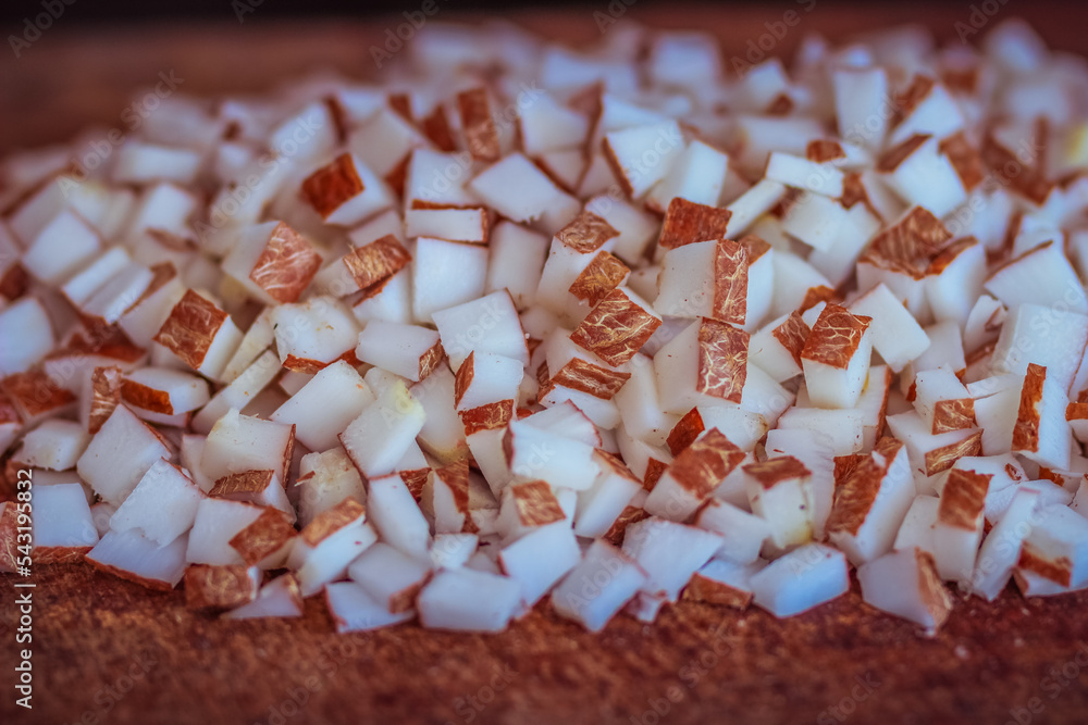 Coconut flesh pieces | edible fruit of the coconut palm (Cocos nucifera ...