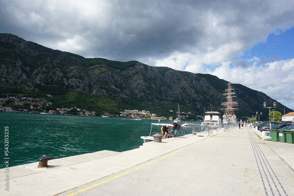 Fotografie Kotor port, boats in Kotor bay, marina, kotor old town city ...