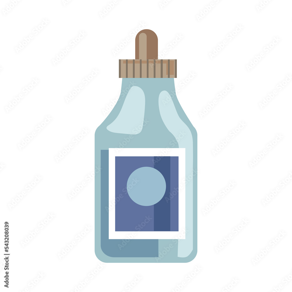 Blue dropper bottle of medicine with label cartoon illustration. Elixir ...