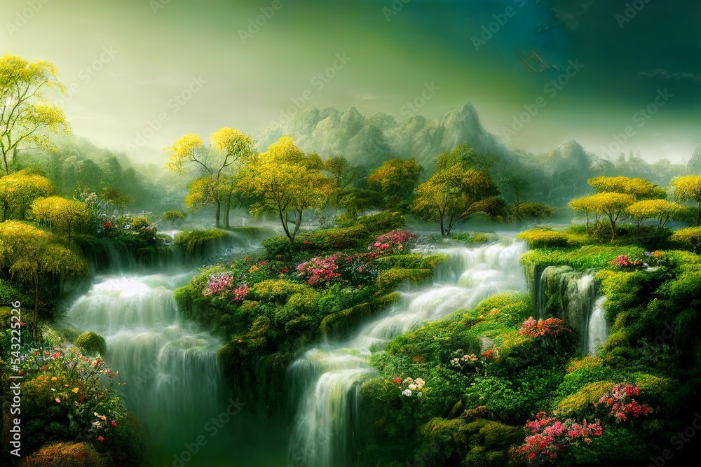Garden of Eden landscape with flowers and misty mountains with a huge ...