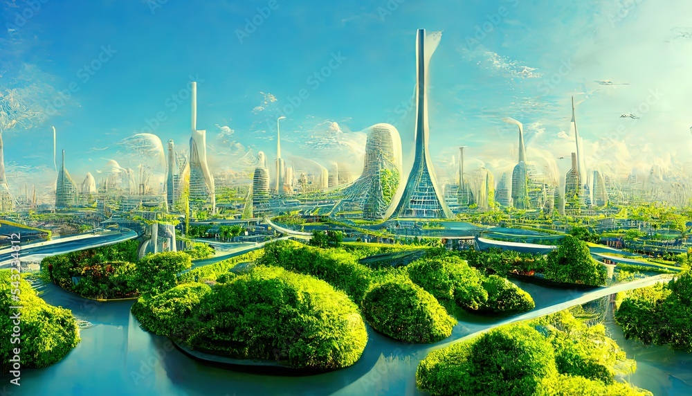 Photo Stock Utopian civilisation, utopic city, future of humanity ...