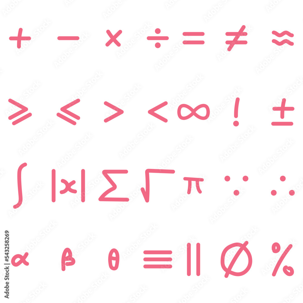 Basic symbols in mathematics. math symbol handwriting. Plus, minus ...
