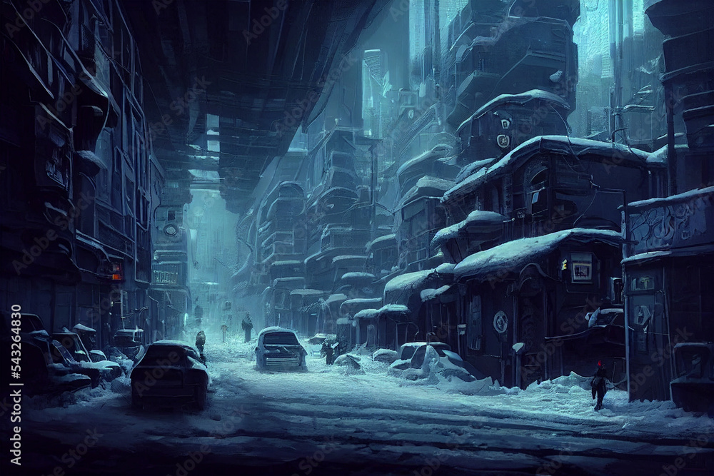 cyberpunk post-apocalyptic dystopian winter city , narrow street, neon lights, concept art ...