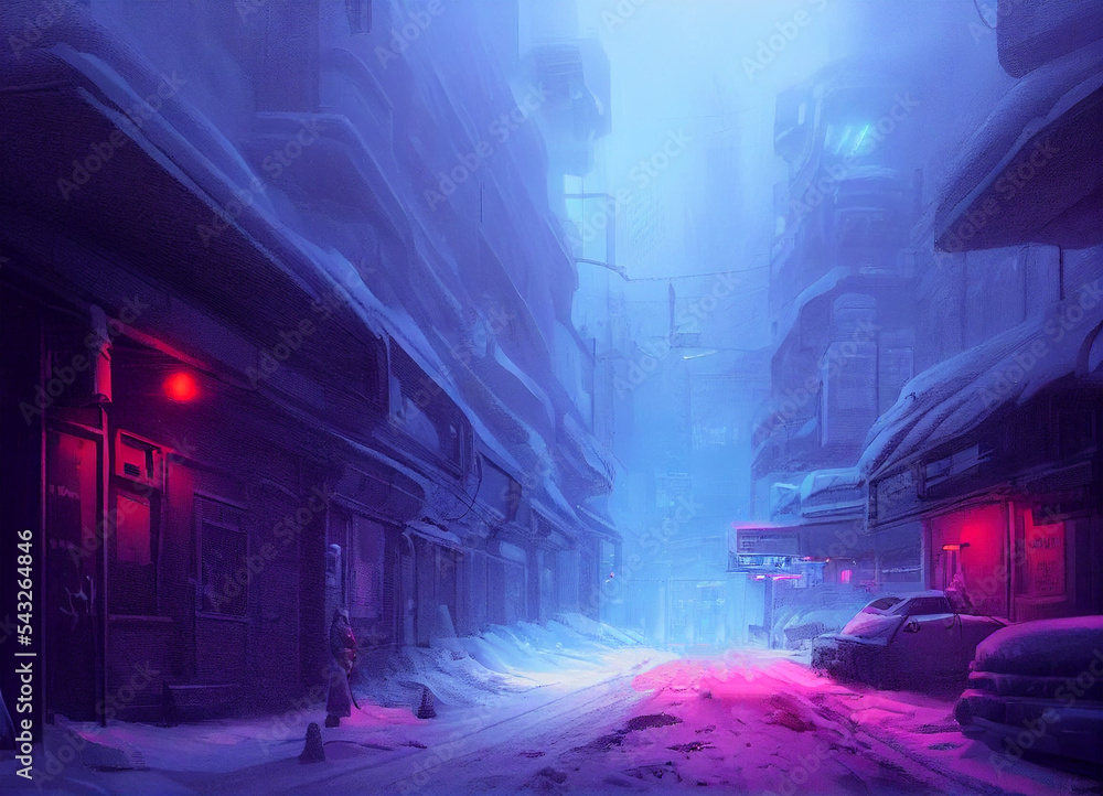 cyberpunk post-apocalyptic dystopian winter city , narrow street, neon ...