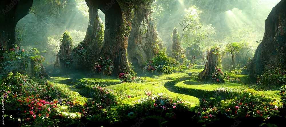 Unreal fantasy landscape with trees and flowers. Garden of Eden, exotic fairytale fantasy forest ...