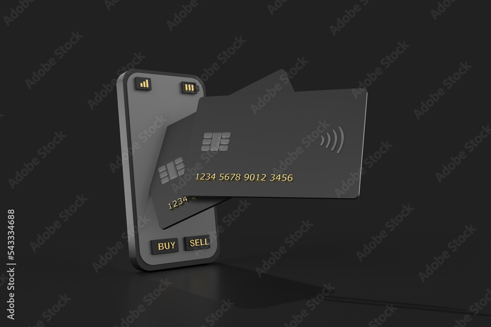 Credit or debit cards with smartphone on a dark background. Mobile ...