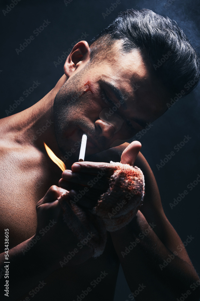Boxer, man and cigarette smoking after fight, blood and bandage from ...