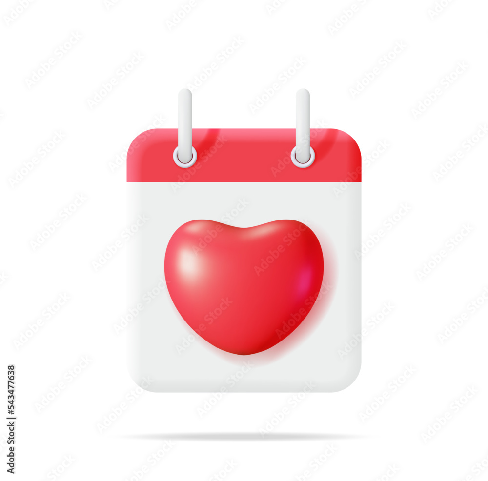 3D Red Calendar with Heart Icon Isolated. Render Paper Calendar and ...