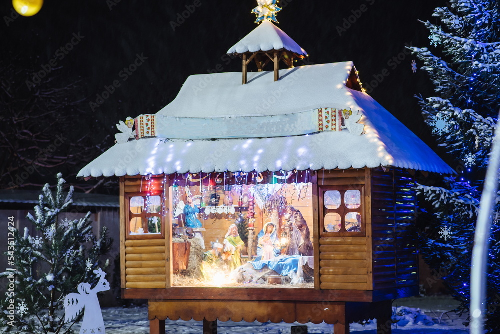 Christmas crib at a Cologne Christmas market. The scene where the ...