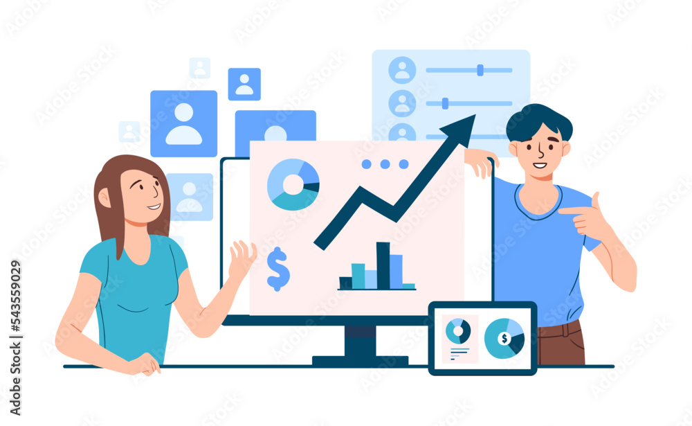 Business analytics teamwork. Man and woman show growing graphs and ...