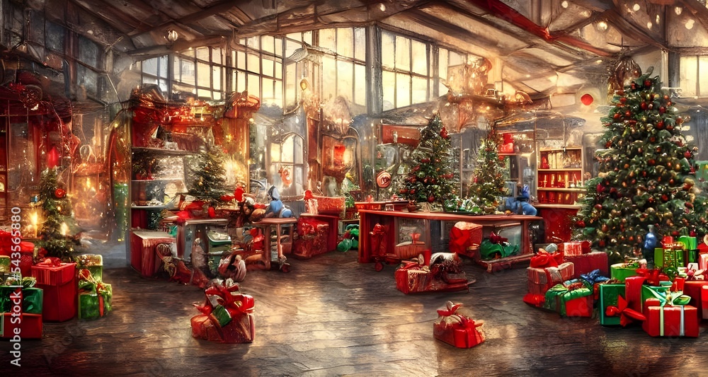 Ilustrace The Christmas toy factory is bustling with activity. Santa's ...