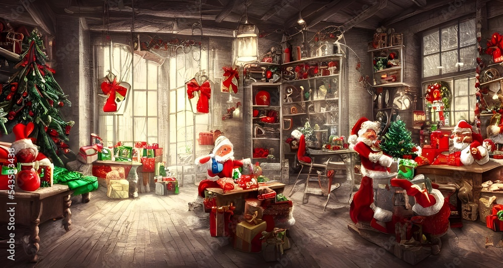 In the Christmas toy factory, Santa's elves are busy at work making ...