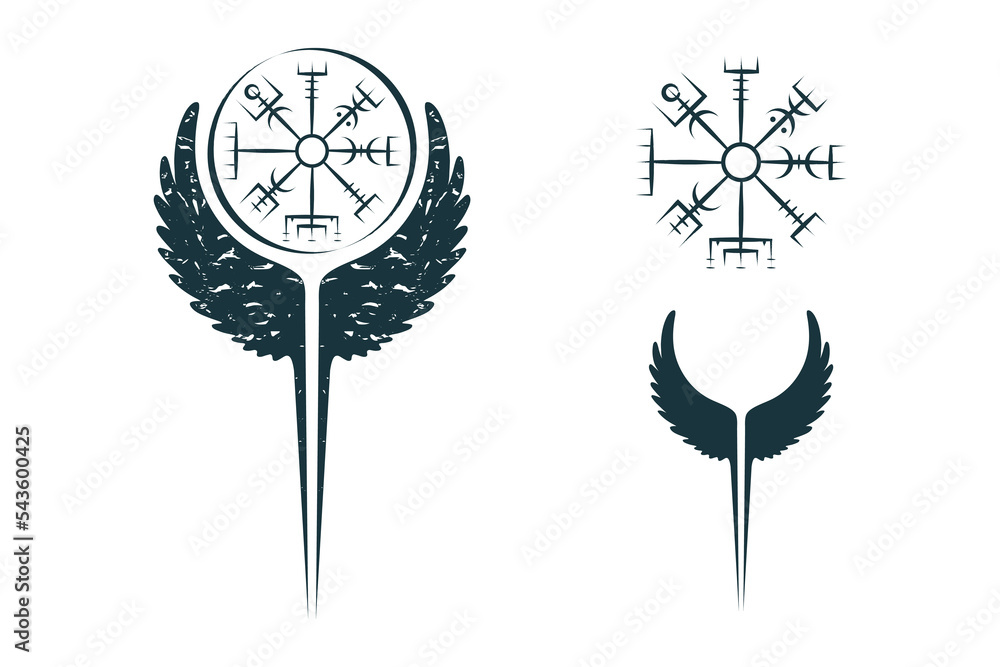 Viking symbol vegvisir and raven wings . Vector isolated illustration ...