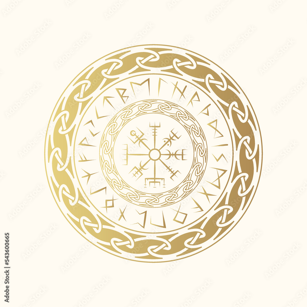 Golden viking symbol Vegvisir. Magic runic compass, in a circle of ...