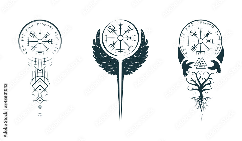 Viking symbols isolated set. Hand drawn collection of pagan norse sign ...