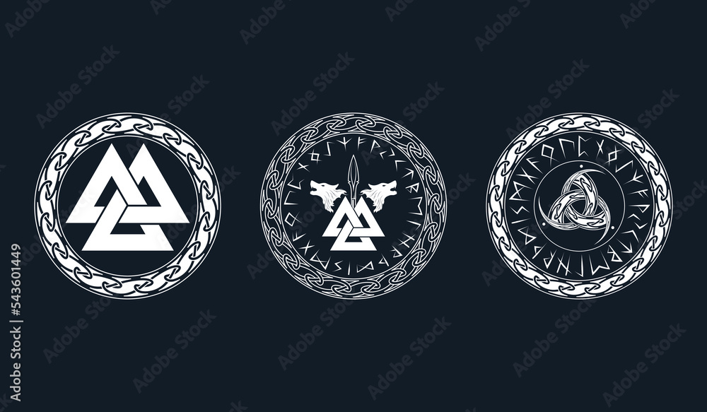 Viking symbols set. Three isolated icons of pagan norse sign valknut ...