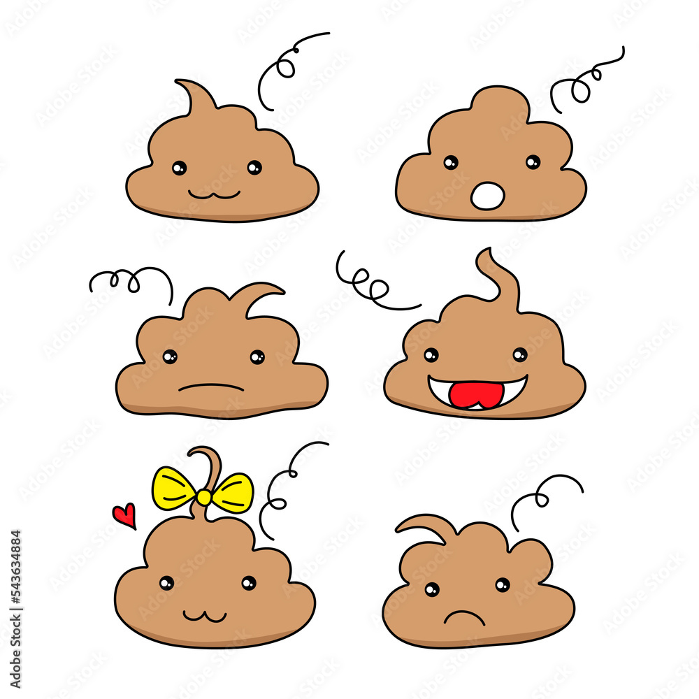 Ilustración de Stock Set of cute funny poop emoticon smileys. Emotional ...