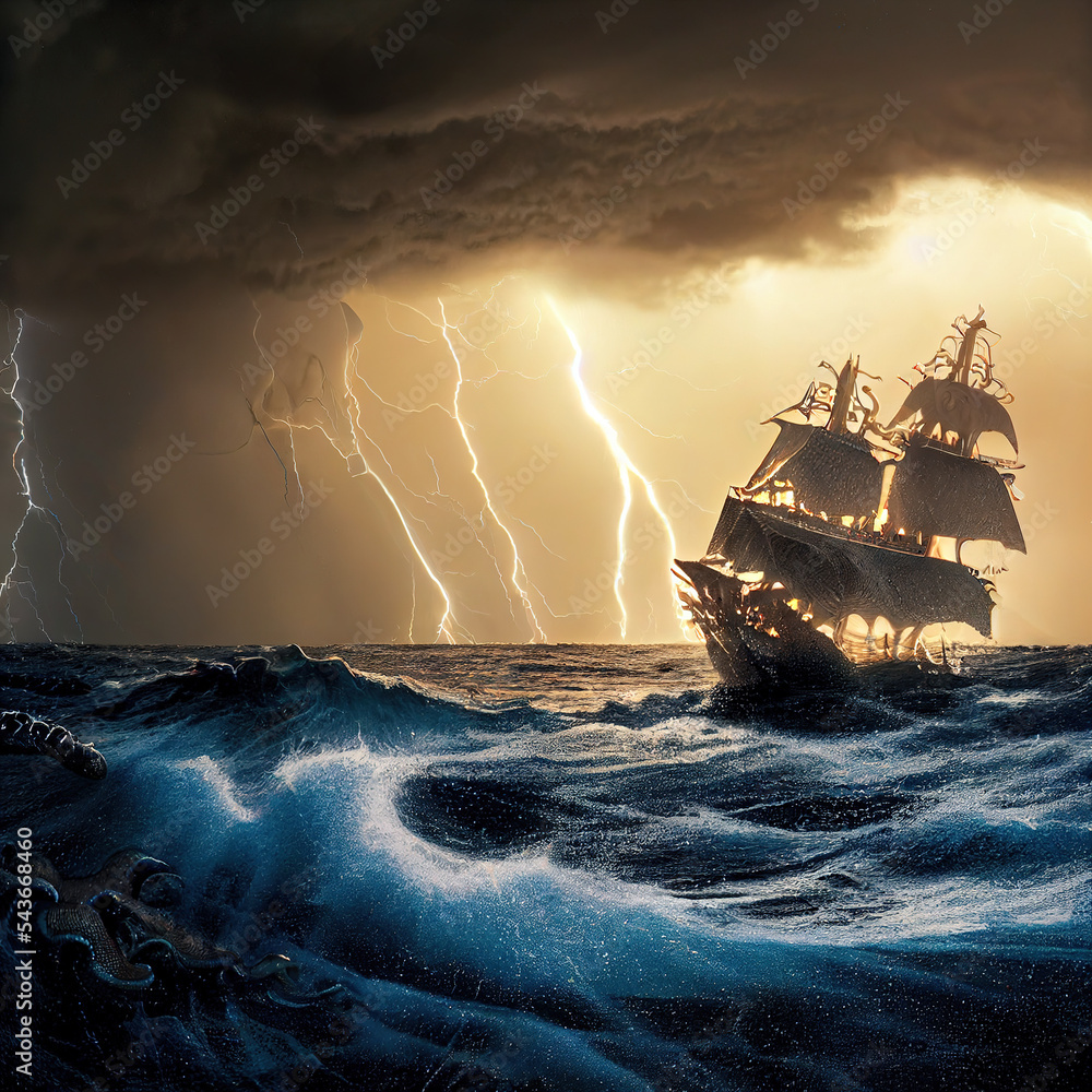 A fantasy sailing ship sail on stormy ocean, with big waves splashing ...
