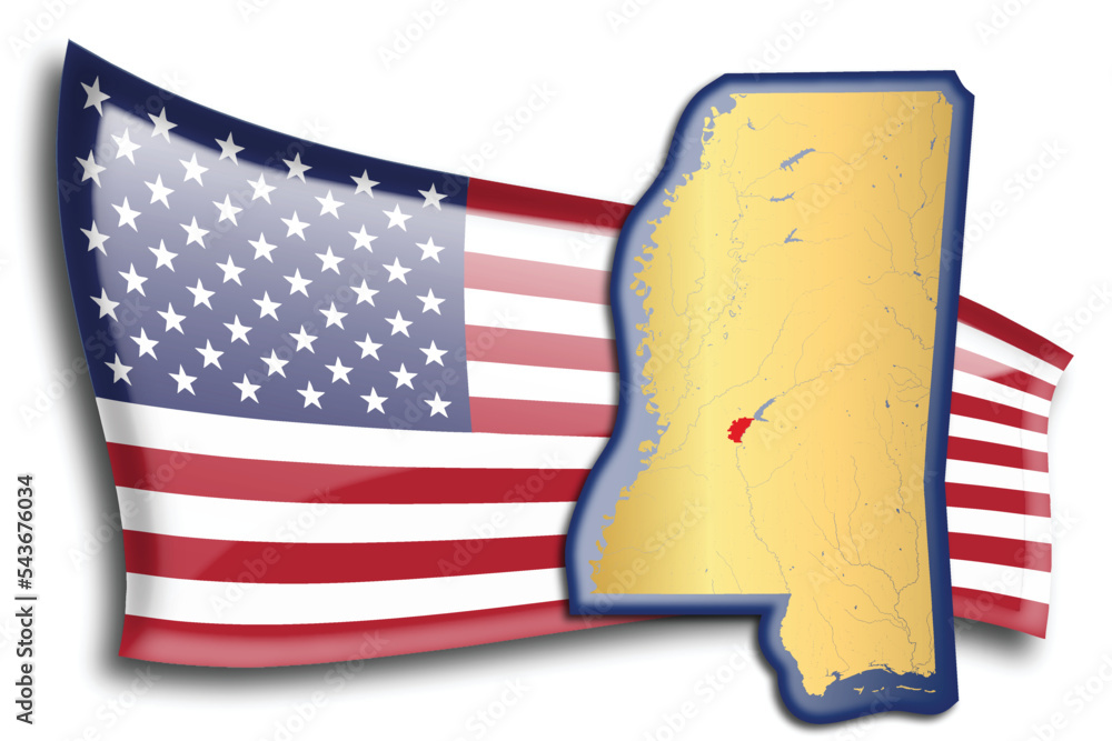 U.S. states - map of Mississippi against an American flag. Rivers and ...