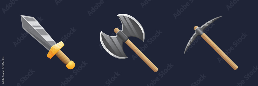 Game UI assets set. Gaming user interface weapon icons collection ...