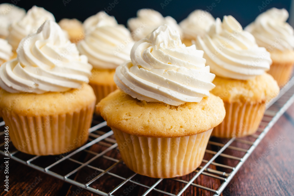 Homemade Vanilla Cupcakes on Wire Cooking Racks: Side view of vanilla ...