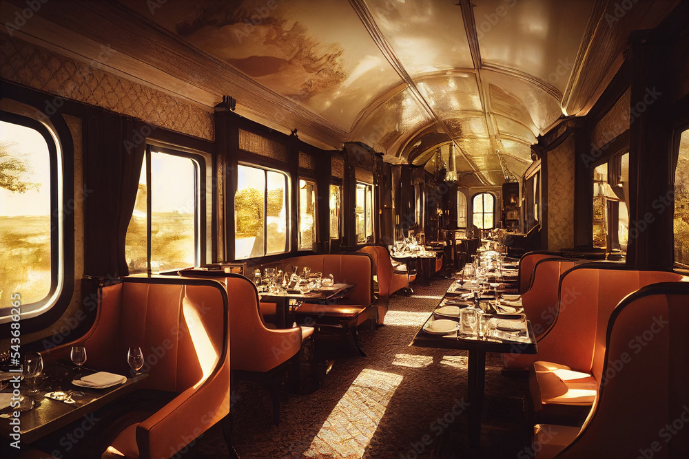 Concept art illustration of luxury dining car interior of train Stock Illustration | Adobe Stock