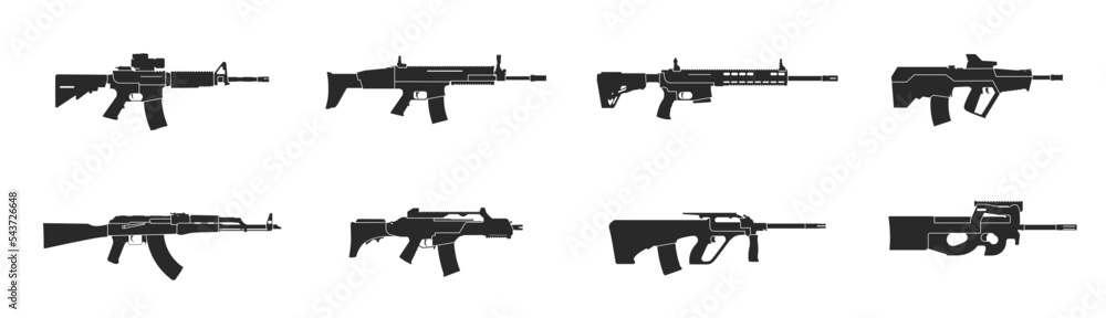 assault rifle icon set. weapon, carbine and firearms symbols. isolated ...