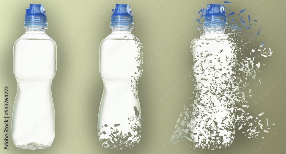 Set with bottles of water vanishing on color background. Decomposition ...