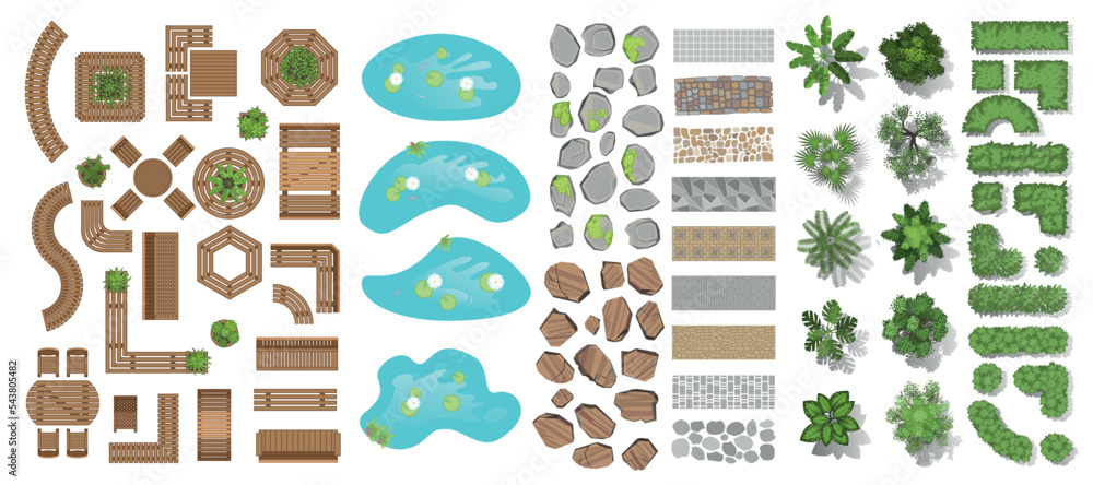 Vector set for landscape design. Top view. Outdoor furniture, ponds ...