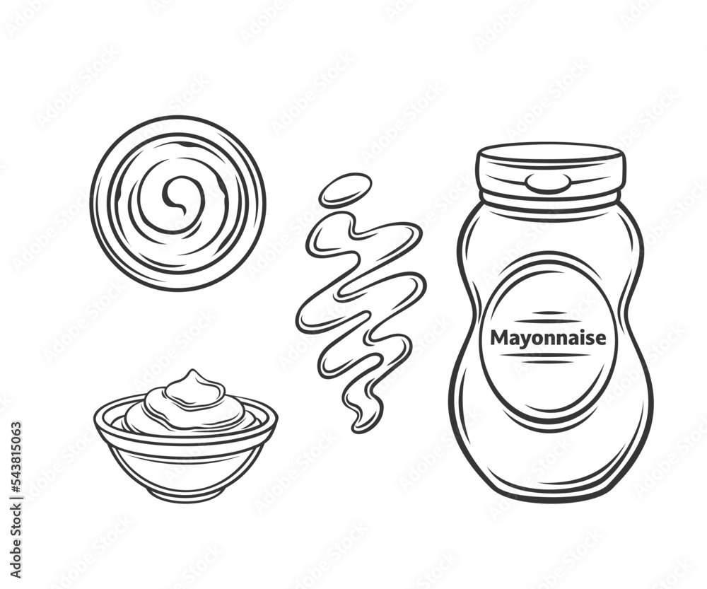 Mayonnaise sauce outline icons set vector illustration. Line hand ...