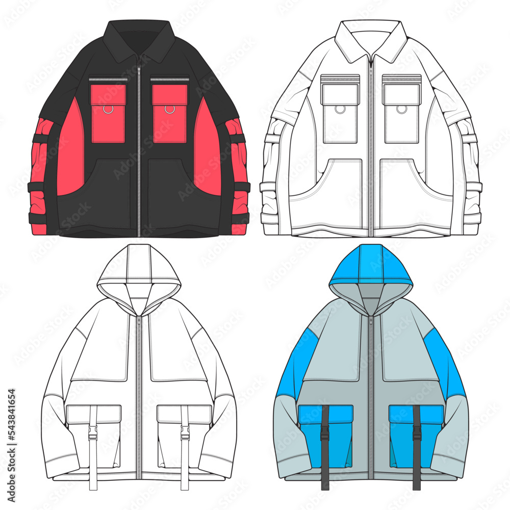 Windbreaker jacket technical fashion illustration, long sleeves, welt ...